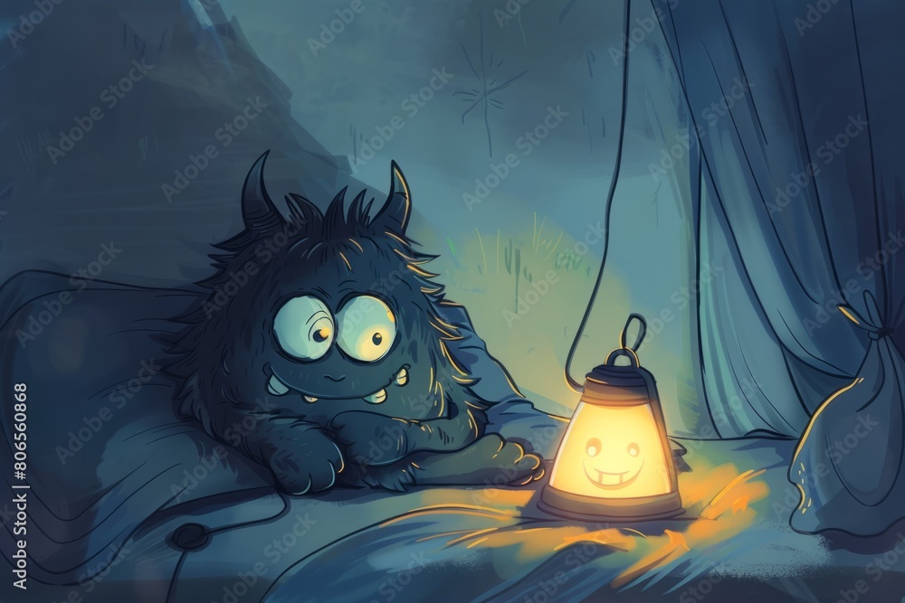 Cartoon cute doodles of a little monster who's afraid of the dark and ...