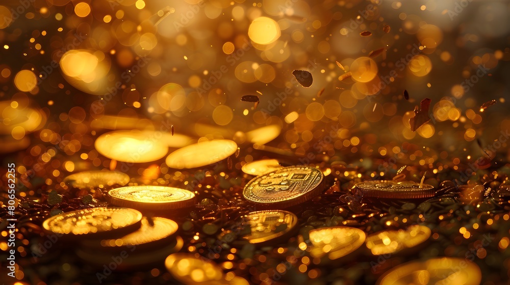 Gold coins, gold background, a pile of golden coins falling from top to ...
