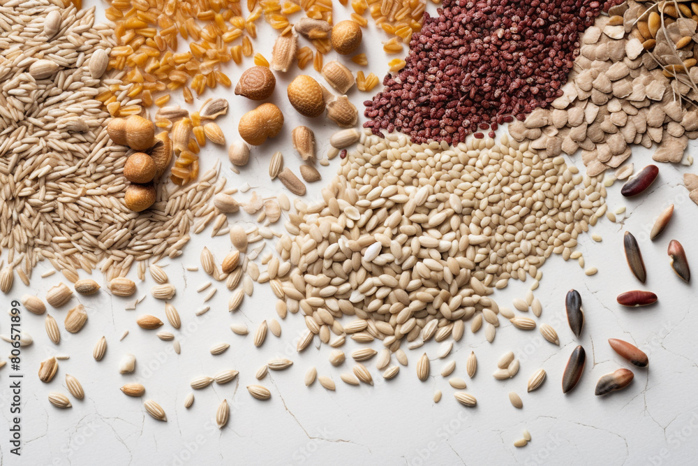 Creative layout made of organic white rice, black rice, red rice, wild ...