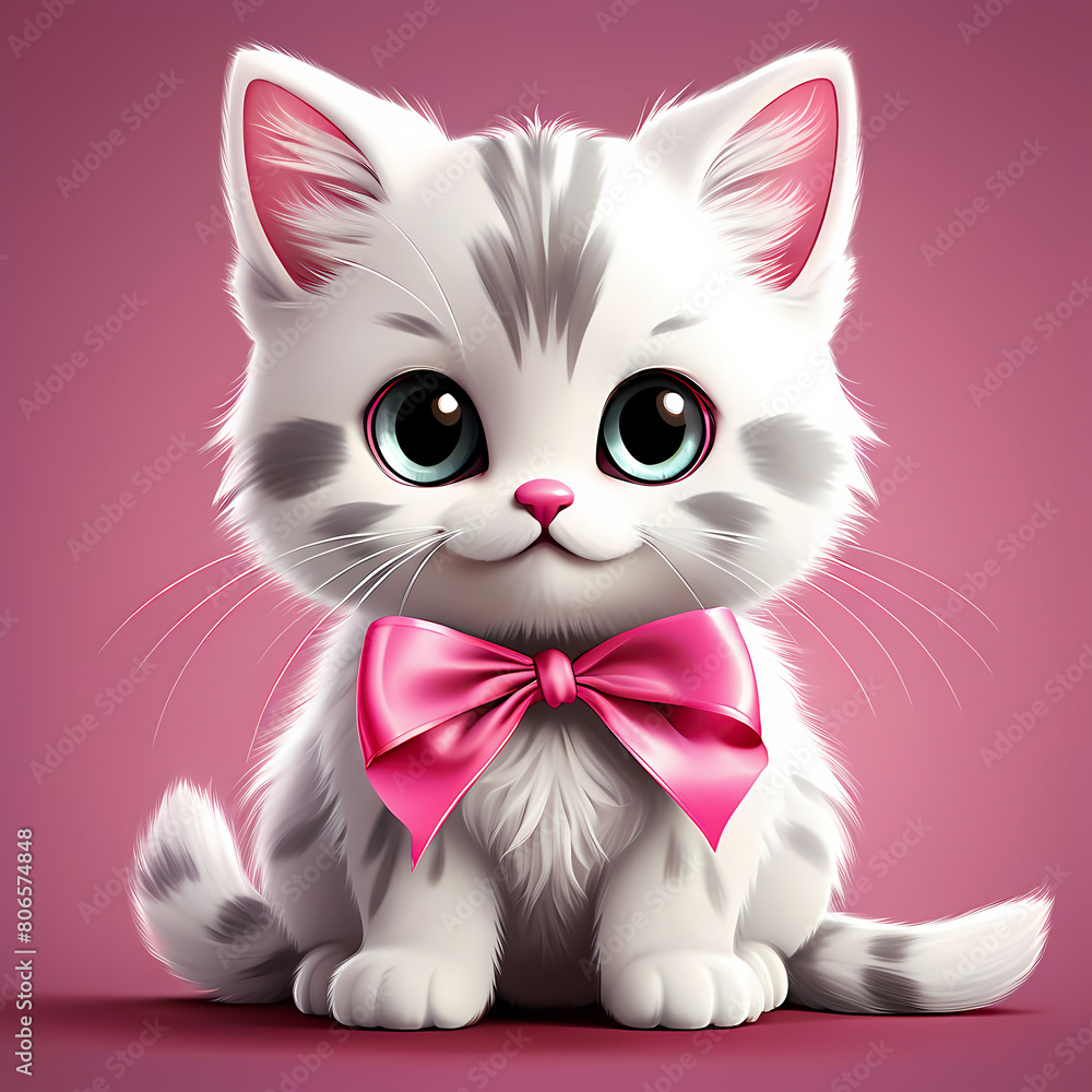 cute cat cartoon with a pink bow isolated on white background Stock ...