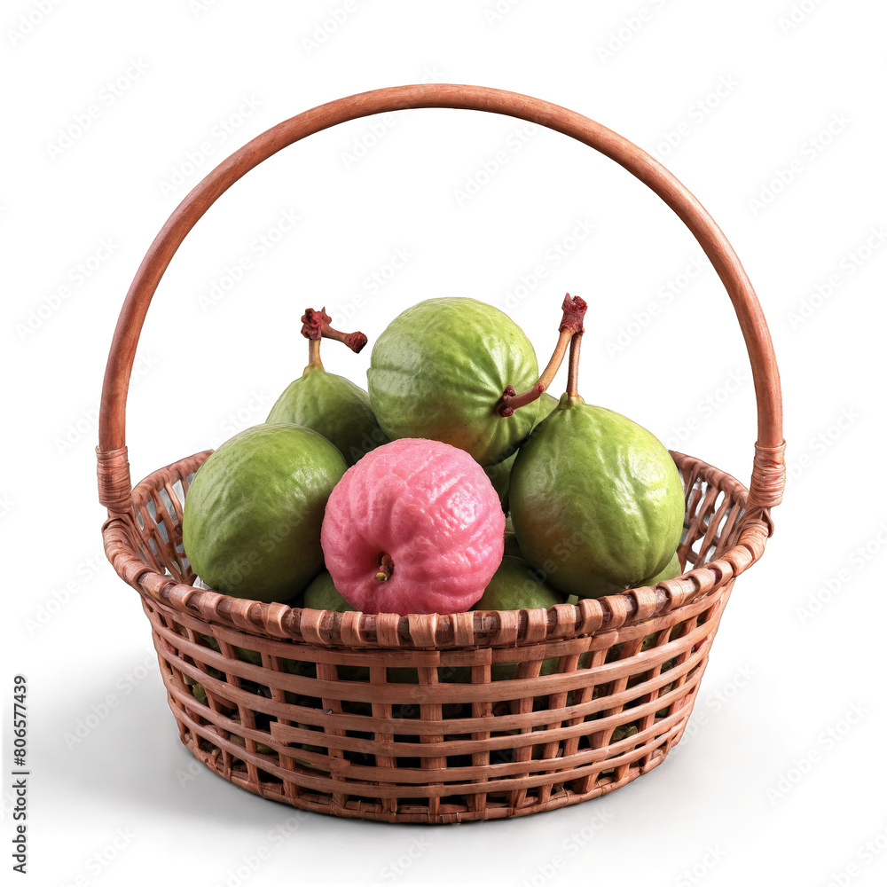 Guava psidium guajava green and pink whole and halved twirling above ...