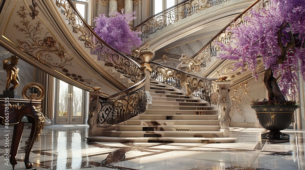 Cinematic perspective of a grand, unique, large curved marble staircase ...