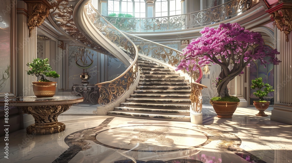 Cinematic perspective of a grand, unique, large curved marble staircase ...