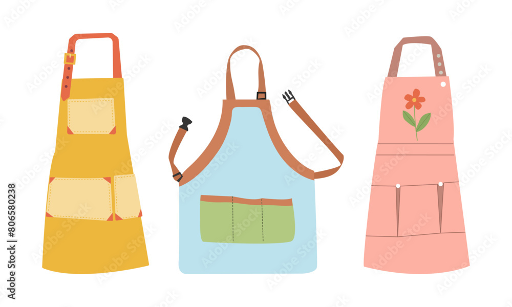 Set of garden aprons of different shapes and stylish pink, blue ...