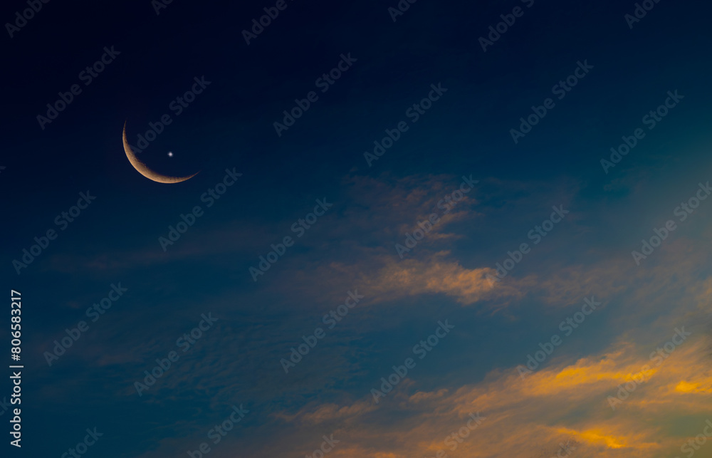 Background of half moon and starry sky and sunset Greeting card for the ...