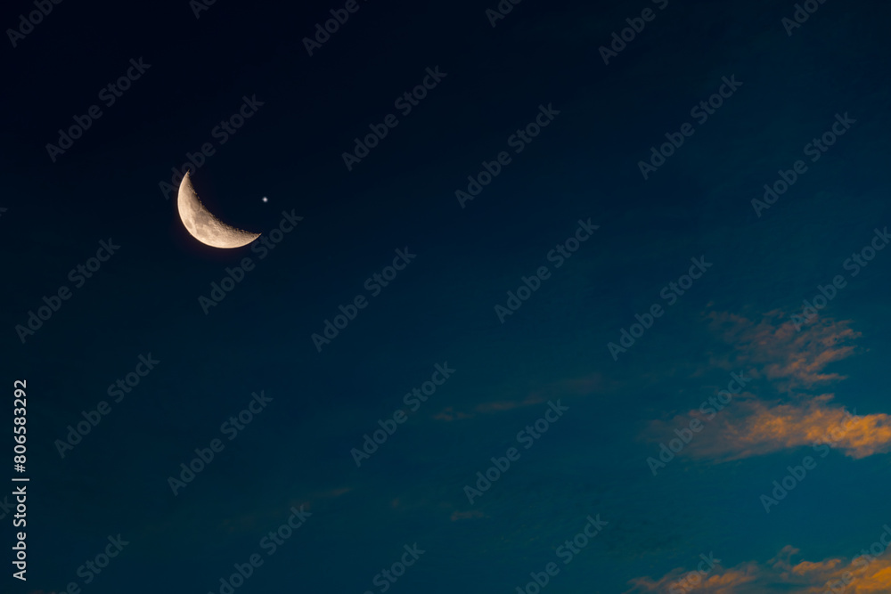 Background of half moon and starry sky and sunset Greeting card for the ...