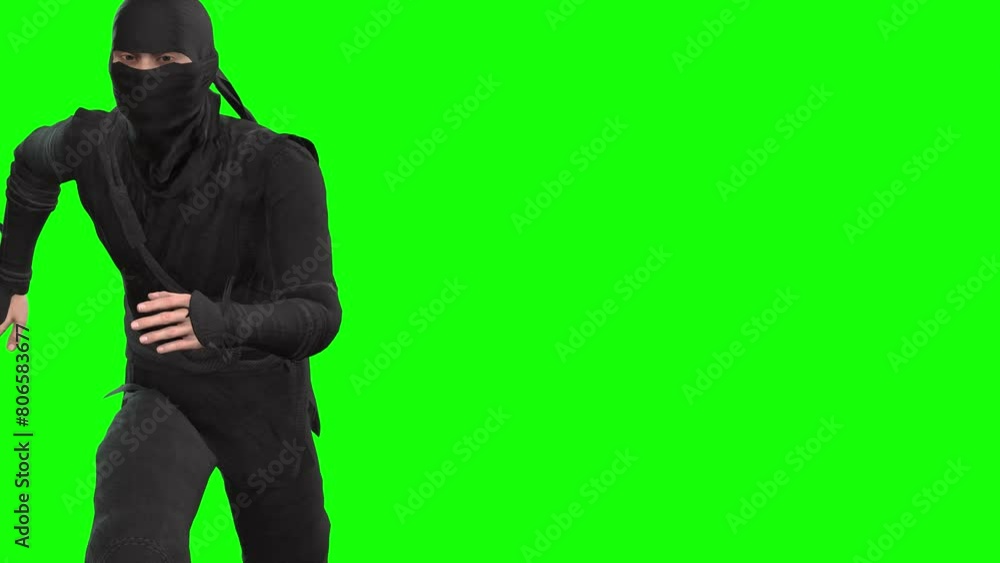 3D ninja shinobi character running on green screen and passing away ...
