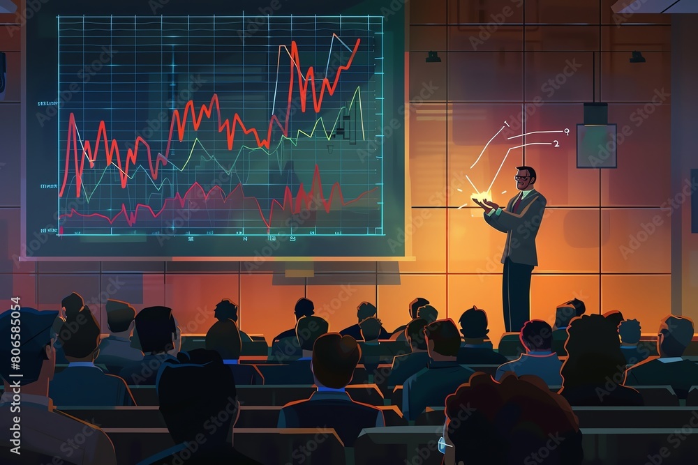 Economic professor explaining market rate fluctuations, 4K realistic ...