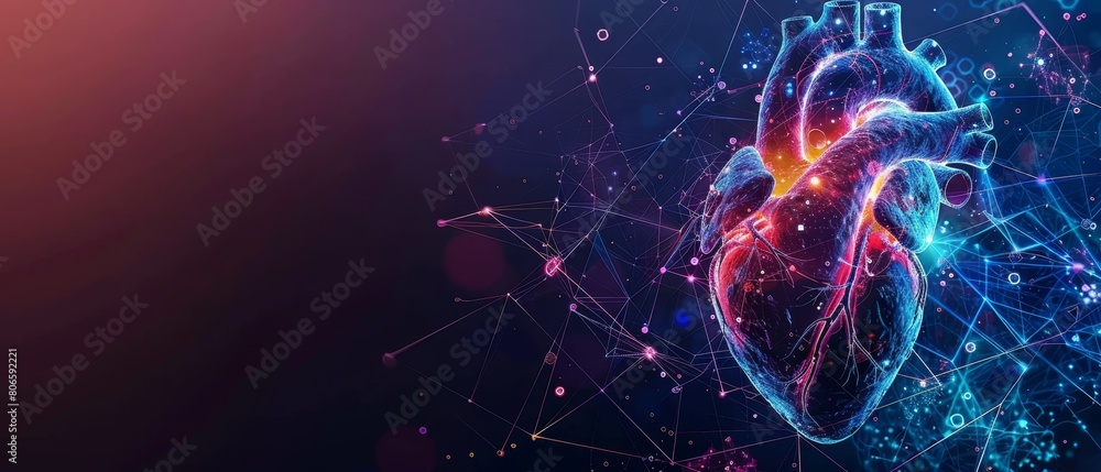 A digital representation of a human heart in a high-tech interface ...