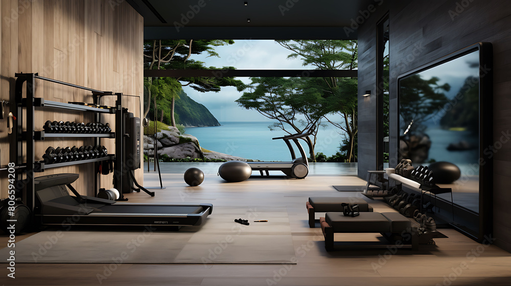 Sleek digital home gym with smart fitness equipment and a wall-mounted ...