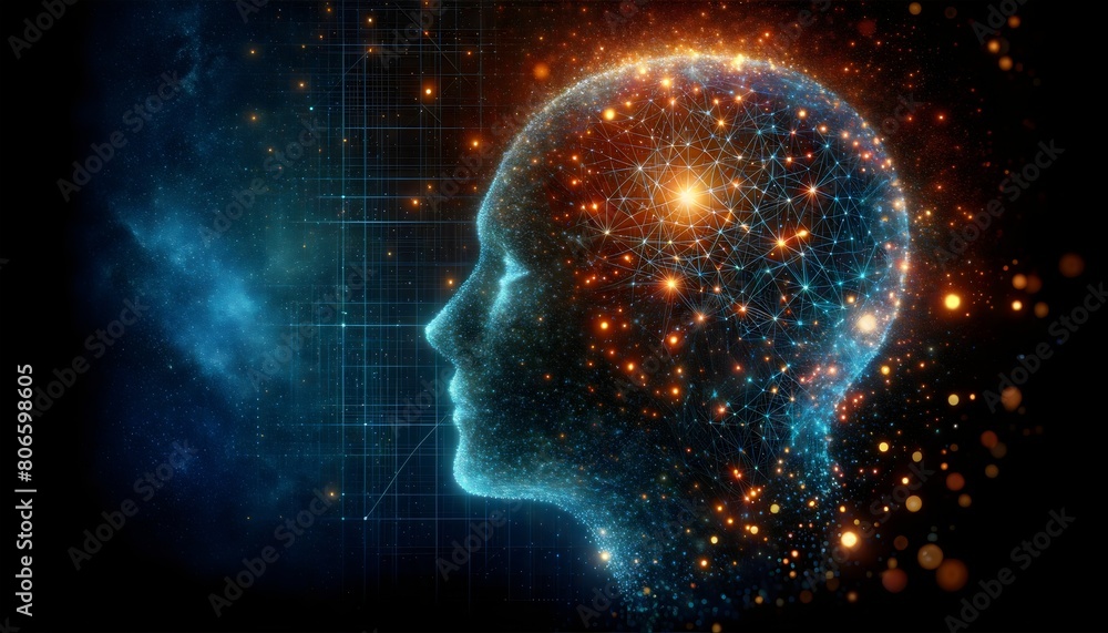 Cosmic Mind, a human silhouette profile filled with a radiant cosmic ...