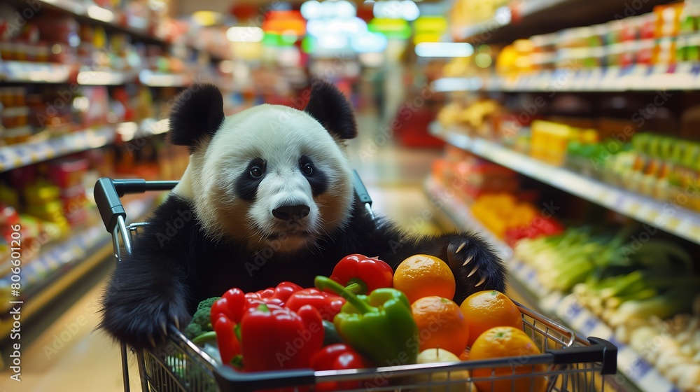A picture of a panda shopping in a mall. The panda sat in a cart with ...