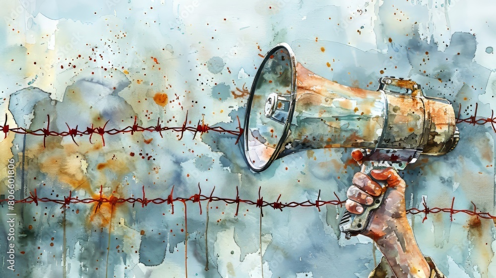 Artistic watercolor focusing on the textures of torn skin and rusty ...