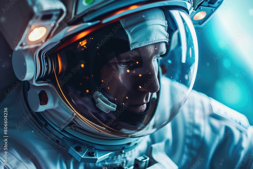The close up picture of the astronaut wearing the space suit and helmet ...