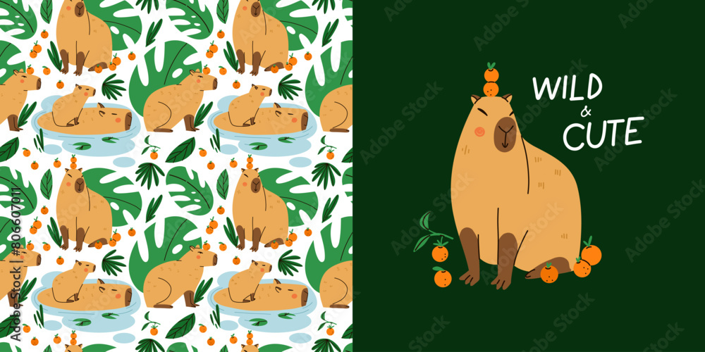 Cute capybara seamless pattern. Funny capibara, adorable exotic animal ...