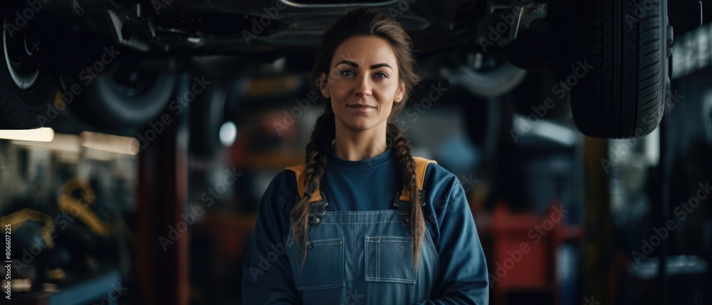 professional mechanic woman, worker working repair leaning under a ...