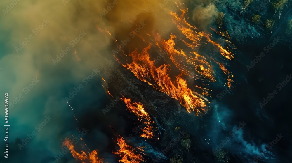 Aerial footage of a forest fire burning through the landscape ...