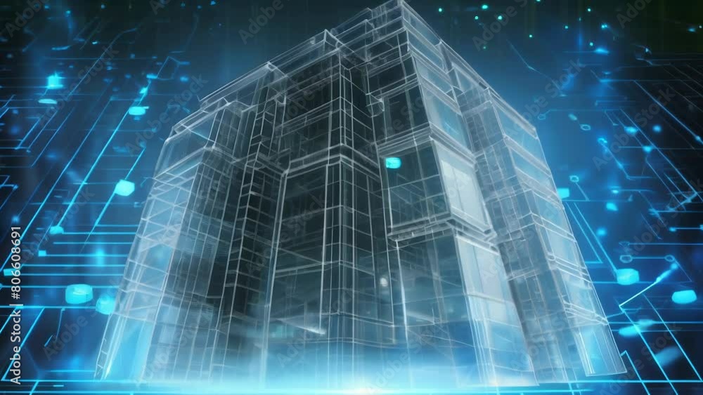 Transparent 3D wireframe model of a modern high-rise building or ...