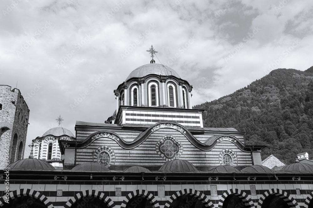 Rila Monastery, Bulgaria- August 21, 2023: Black and white Rila ...