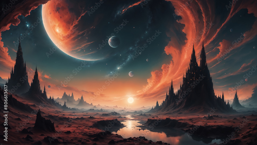 Panoramic view of alien world with homes in jagged rock formations and ...