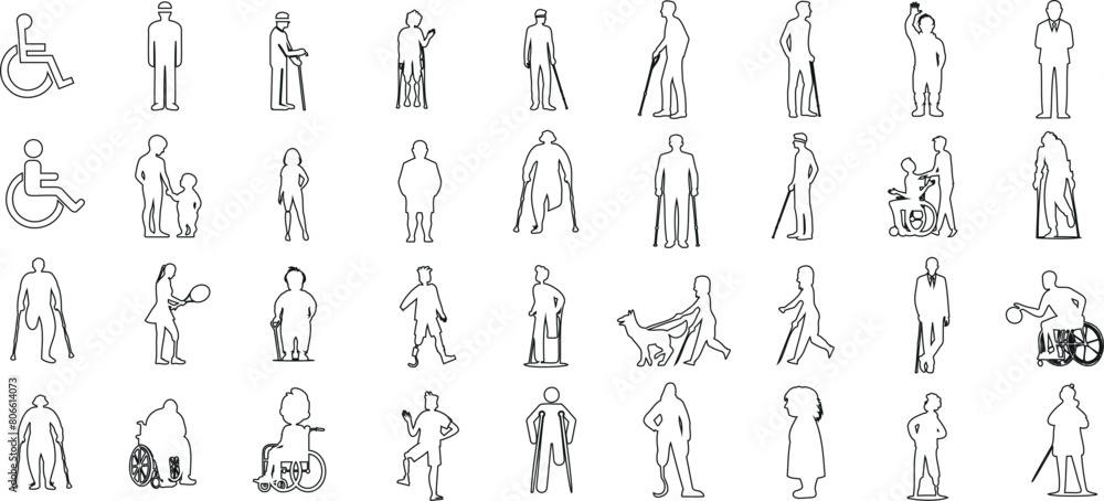 disabled individuals diverse activities Line art illustrations ...