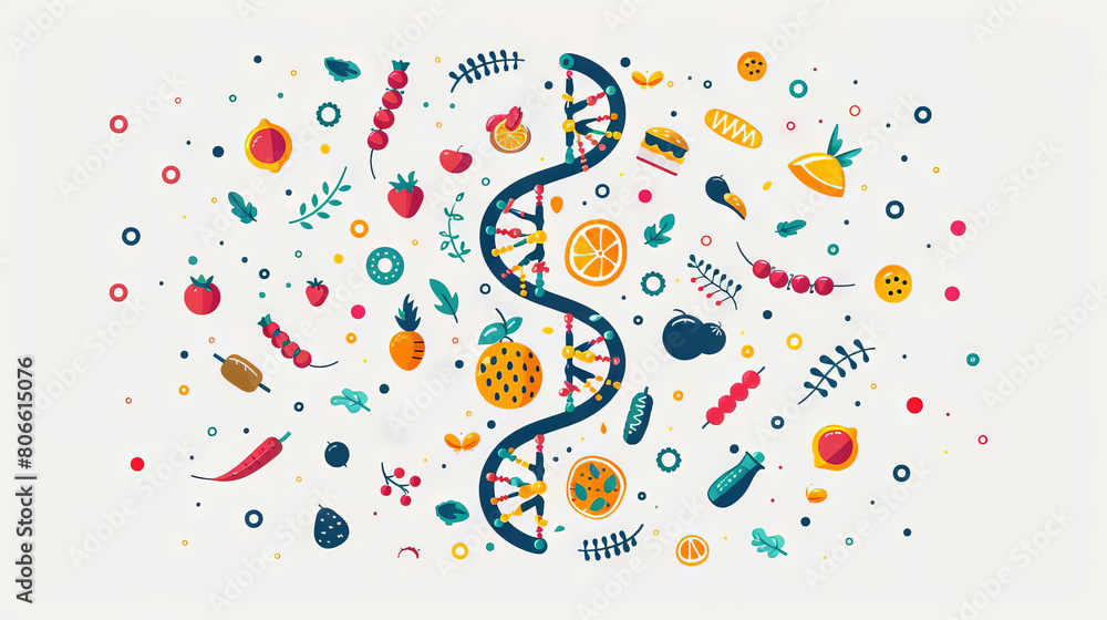 Minimalistic graphic of a DNA helix intertwined with various foods ...