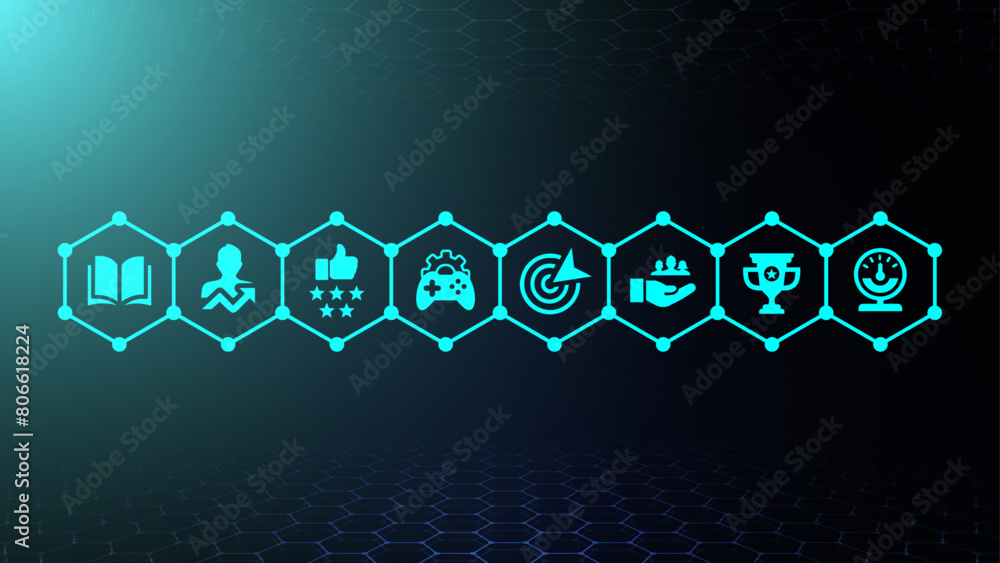 Gamification concept icons banner , user engagement, reward, achievement, winner, motivation ...