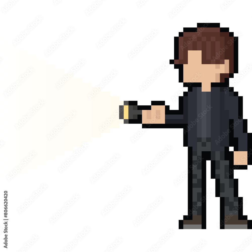 Pixel art cartoon man character holding the flashlight Stock ...
