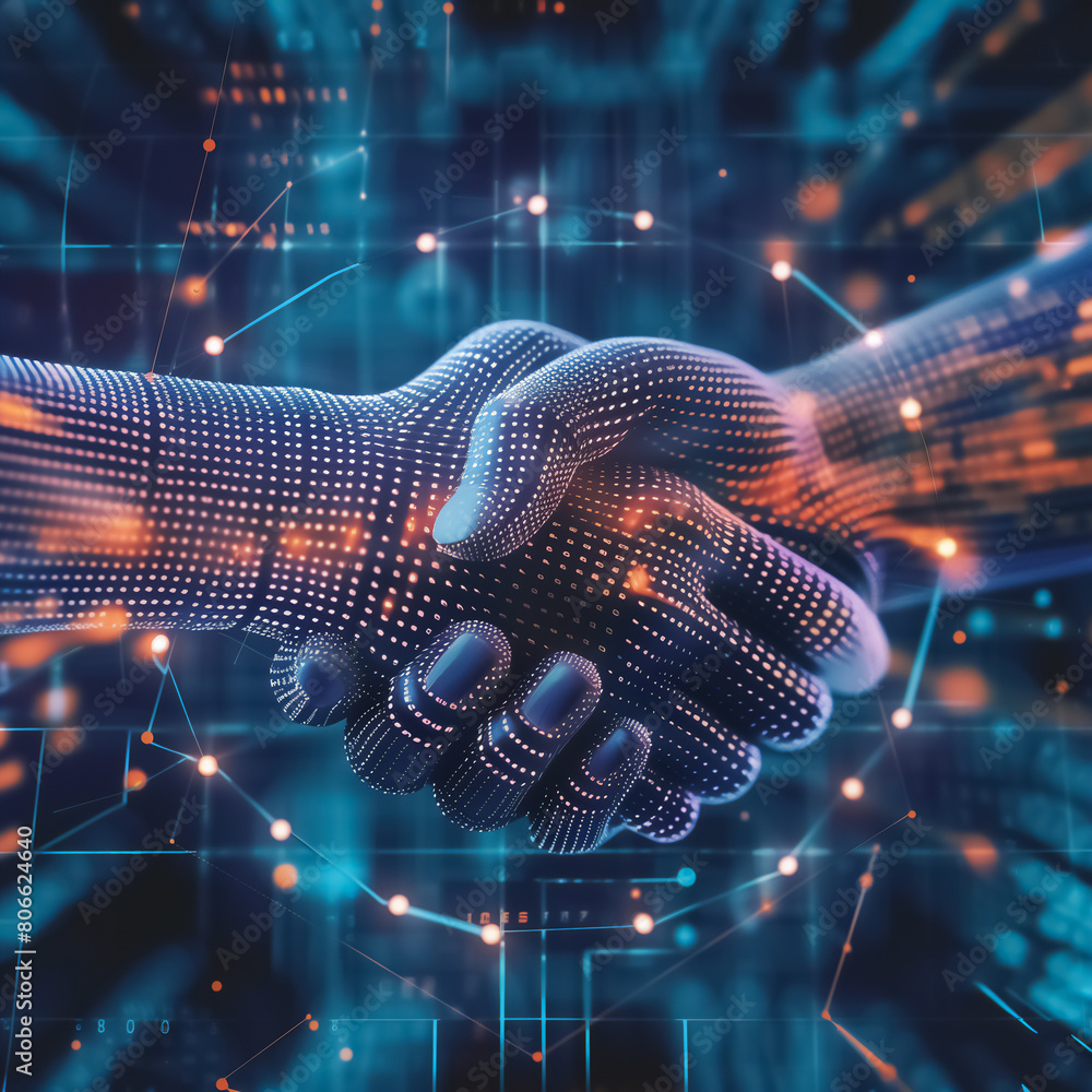 Powerful illustration of a business handshake where hands merge with ...