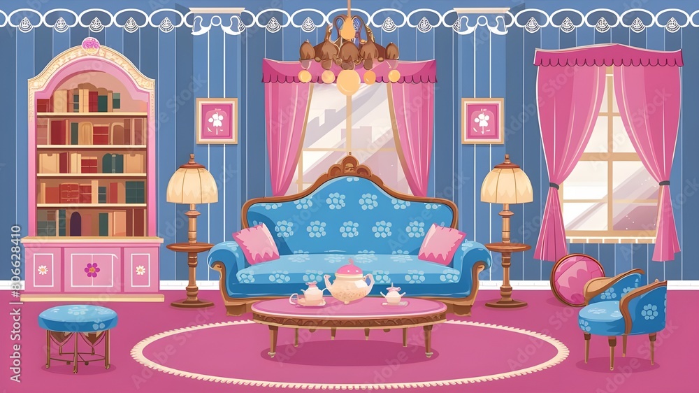 Blue princess room interior with castle furniture. Girly palace library ...