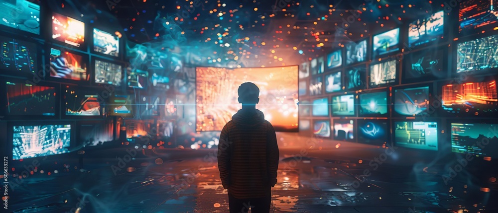 A creative depiction of multiple screens displaying social media feeds ...