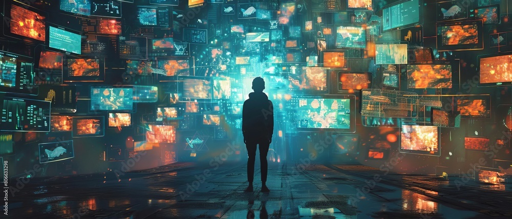 A creative depiction of multiple screens displaying social media feeds ...