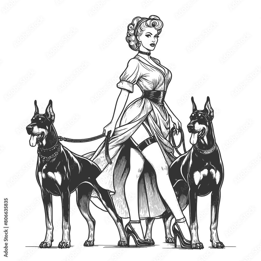 retro pin-up girl with dog Doberman, evoking a sense of vintage ...