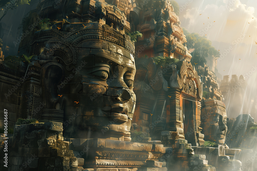 Ancient temple complex shrouded in mist with stone statues and mythical ...