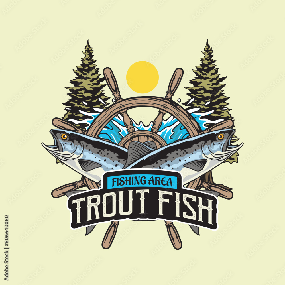 Vector Illustration of Steelhead Trout Fish with Ship Steering and ...