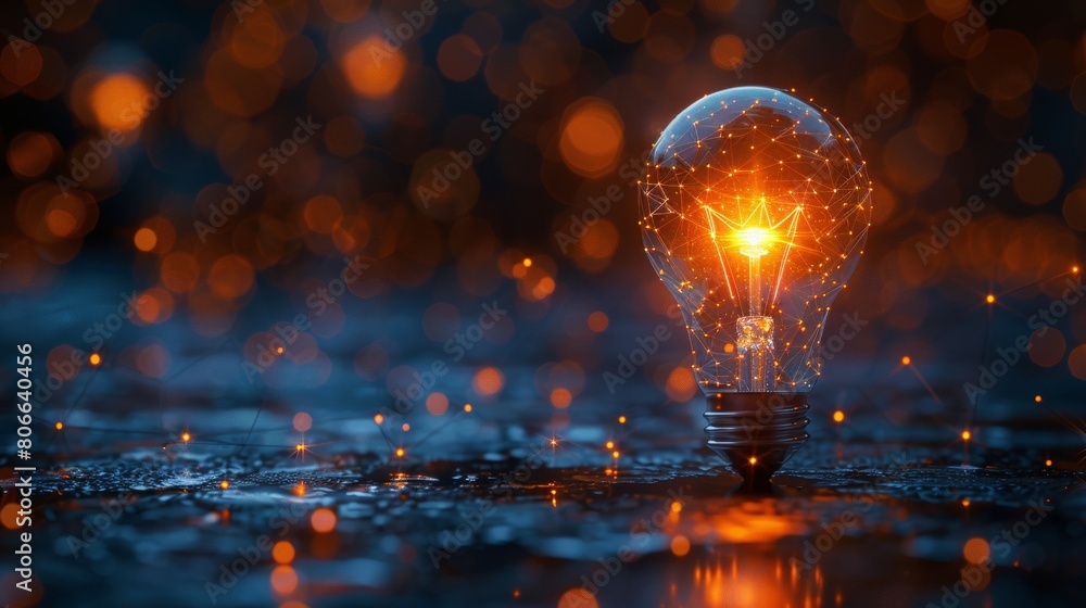 Electric light bulb bright polygonal connections on a dark blue ...