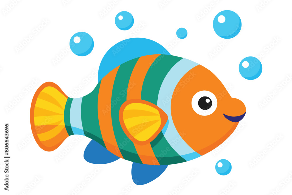 Watercolor Cute Aquatic Animals, Fish, Clown fish. Cartoon, green fish ...