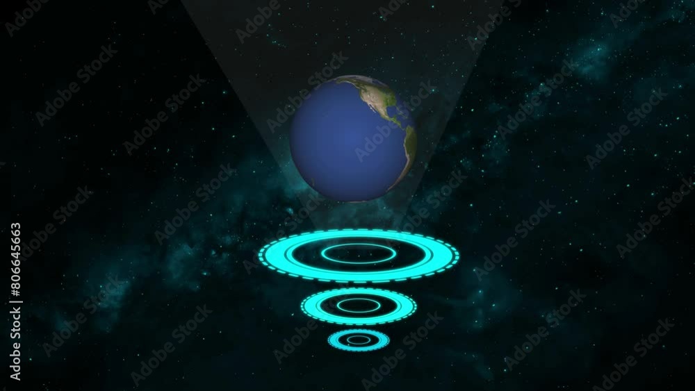 Glowing blue world map above concentric circles animated on a starry ...