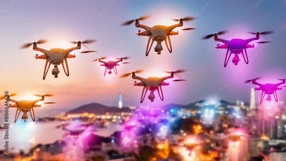 A swarm of illuminated camera drones flies in formation over the ...