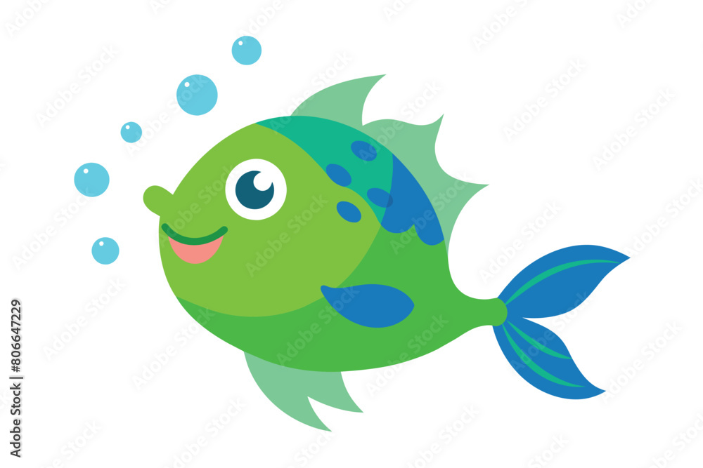 Watercolor Cute Aquatic Animals, Fish, Clown fish. Cartoon, green fish ...