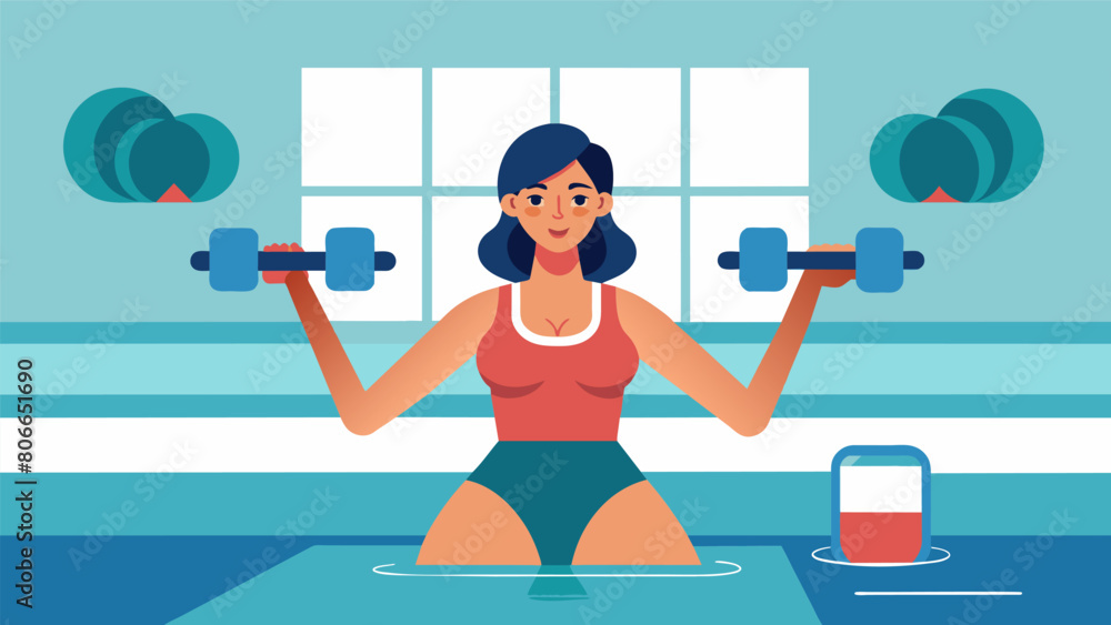 A woman sitting on a submerged bench in a hydrotherapy pool using water ...