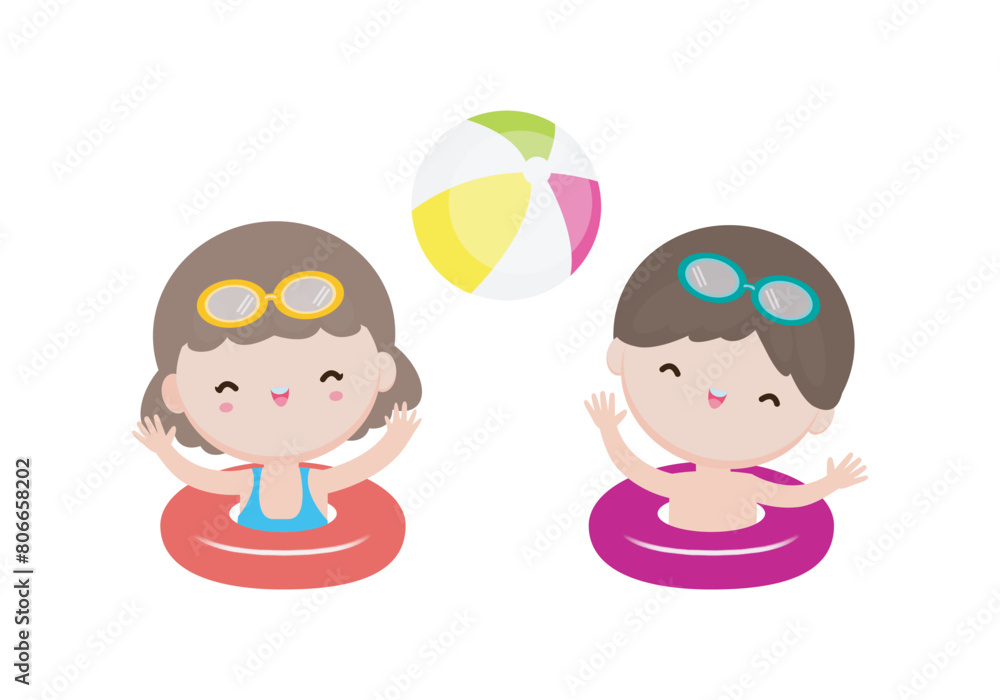 Cute kids wearing float rings on inflatable playing ball in Pool party ...