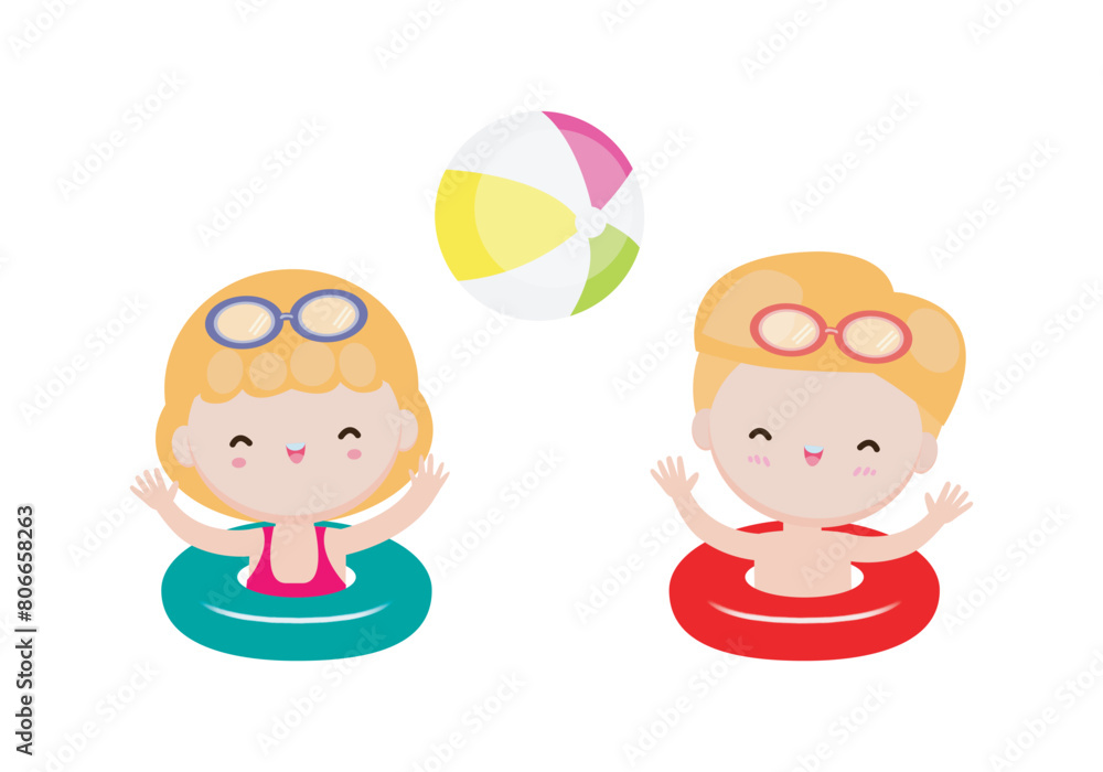 Cute kids wearing float rings on inflatable playing ball in Pool party ...