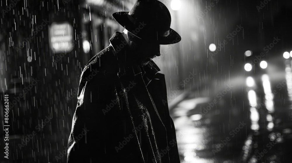 dark silhouette of a male detective in a coat and hat in the rain on a ...