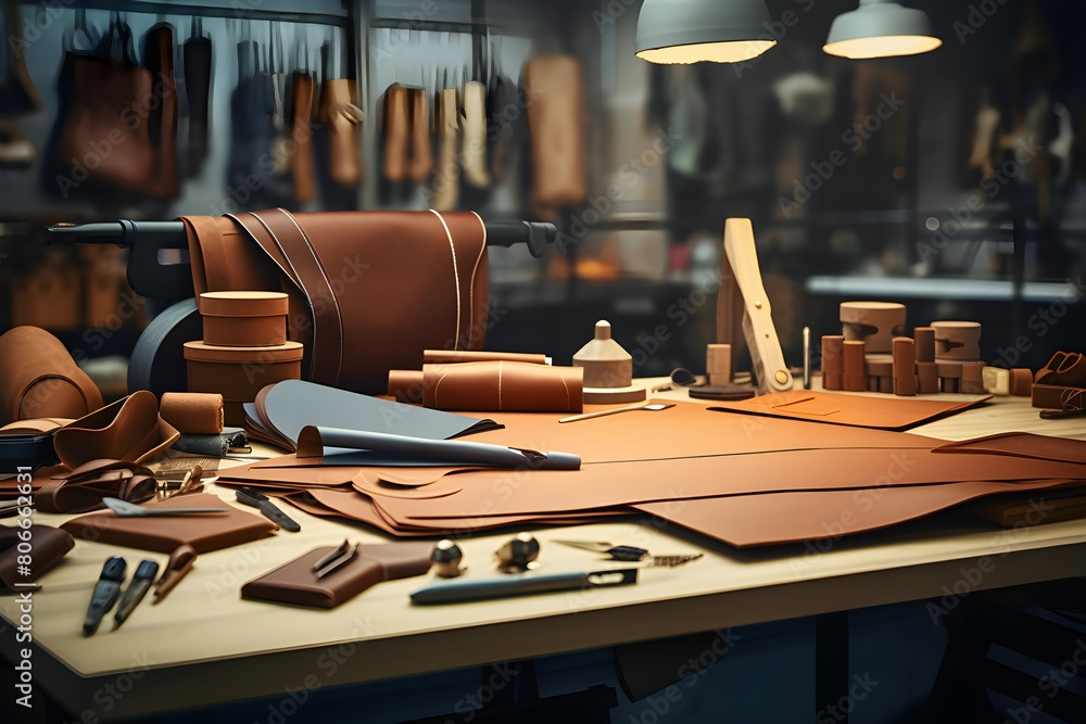Leatherworker's workbench. A set of multi-colored leather and leather ...