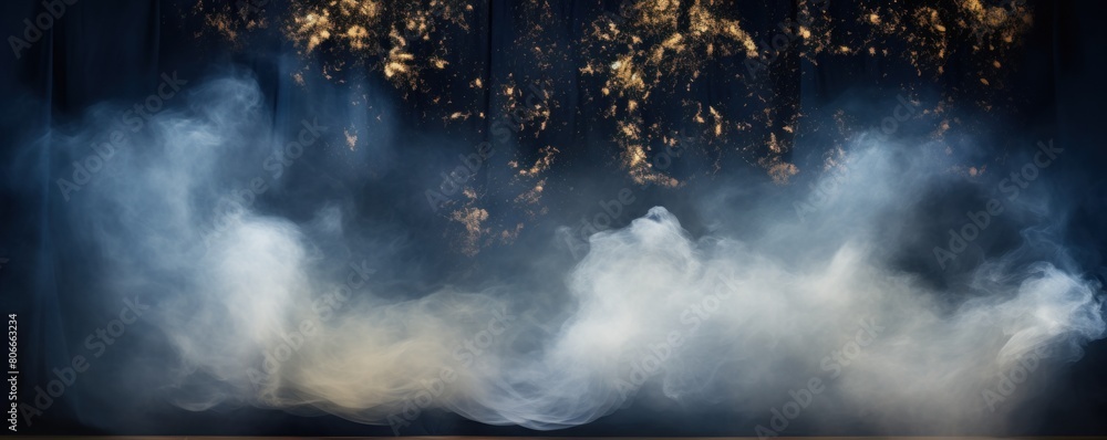 Indigo smoke empty scene background with spotlights mist fog with gold ...