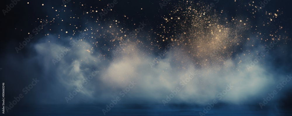 Indigo smoke empty scene background with spotlights mist fog with gold ...