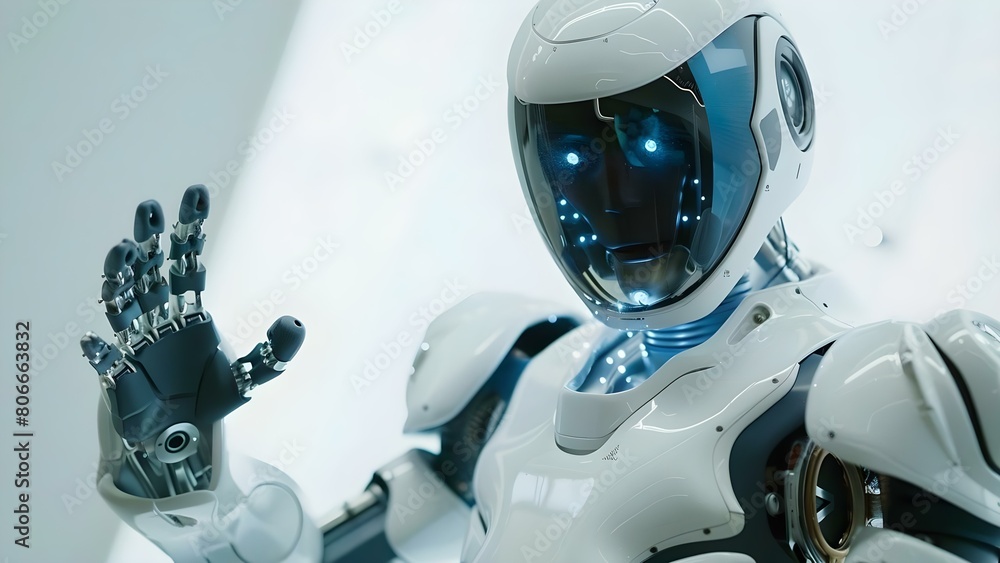 White robot is deciding with human enhancement on cuttingedge action ...