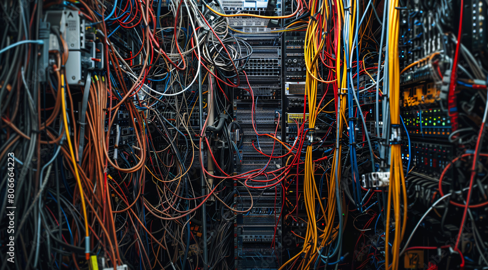 Complex network server wiring chaos, Close-up view of tangled cables and wires in a data center ...
