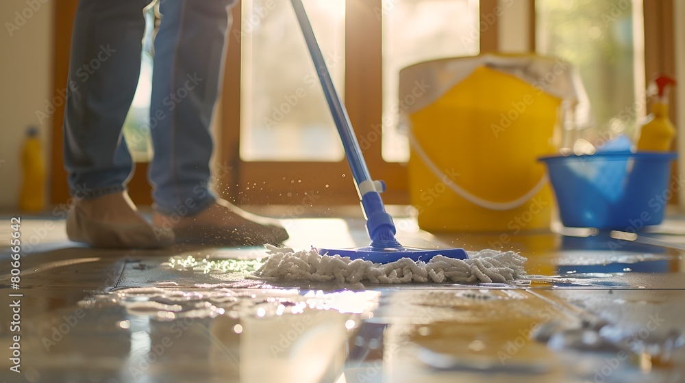 Morning light shining on domestic cleaning. Person mopping floor. A ...